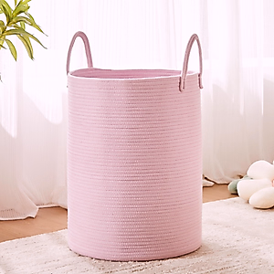 MOJOSCEND Pink Laundry Basket Hamper for Girls Kids Baby, 15Dx20H Inches Large Nursery Hamper Bin, Woven Storage Basket for Living Room Girls room, Boho Tall Rope Baskets for Blanket Toys-Large