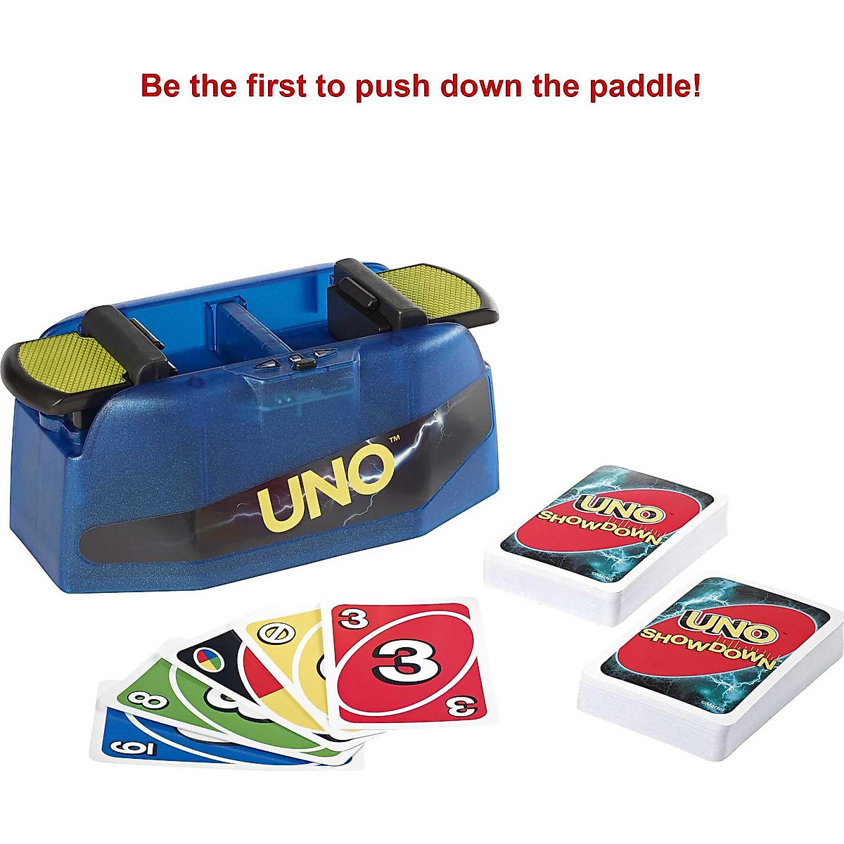 Mattel Games UNO Showdown Supercharged Card Game for Family Night with Electronic Card Launcher, Lights & Sounds (Amazon Exclusive)