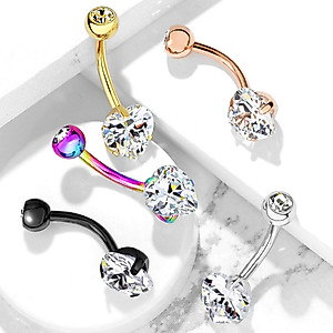 FIFTH CUE 14G Prong Set 8mm Heart CZ 316L Surgical Steel Naval Belly Button Ring (Gold/Clear)