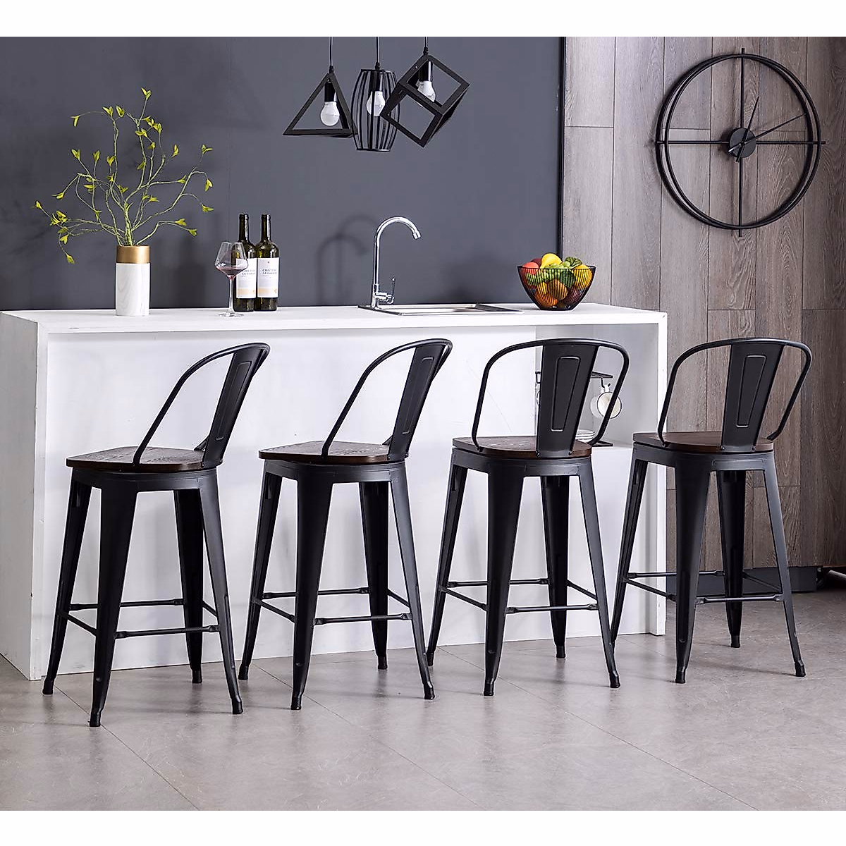 HAOBO Home Swivel Metal Barstools High Back Counter Bar Stools Set of 4 (Matte Black with Wooden Seat, Swivel 24 inch)