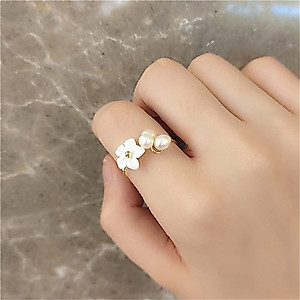 Dainty Shell Pearl Flower Statement Ring for Women Gold Plated Faux Pearls Ball Open Wrap Rings Comfort Fit Adjustable Expandable Handmade Birthday Wedding Anniversary Jewelry Gift