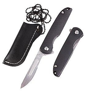 Samior S51 Mini Slim Flipper Folding Scalpel Neck Knife with 10pcs #24 Blades, ABS Handle with Liner Lock, Utility EDC Keychain Pocket Knives with Leather Sheath