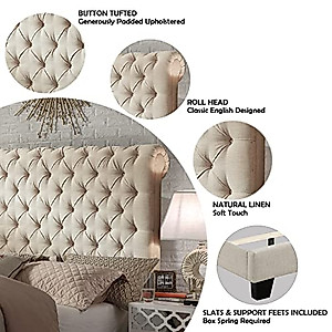 Rosevera Corrine Upholstered Bed Frame with Button Tufting Headboard/Adjustable Headboard/Rolled Head Headboard Bed Frame/Wood Slat Support/Easy Assembly,Full,Textile Beige