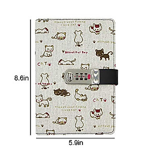 Cute Cat with Digital Password Lock, PU Leather Wided Ruled College Students Notebook Personal Travel Writing Journal Gift for Annersary Graduation(A5, Double Sided, 130Sheets/260Pages)