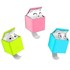 NUANNUAN 3 Pieces Cute Cartoon Cat Hooks Hanger Stand, Wall Mounted Utility Storage Hook Self Adhesive Plastic Bathroom Kitchen Decorative Organizer for Coat Scarf Razor Loofah Bathrobe Keys Hanging