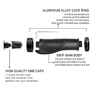 TOPCABIN Bike Grips,Ergonomic Design Bicycle Grips Widen Holding Rubber Bike Handlebar Grips with Aluminum LockGrips for Bike Mountain Road MTB ((Aluminum Lock Plug+Grips) Black 1 Pair)