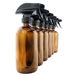 Cornucopia Brands 16oz Amber Glass Spray Bottles (6-Pack), Boston Round Bottles W/Heavy Duty Mist and Stream Sprayers