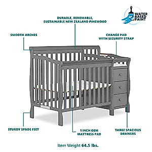 Dream On Me Jayden 4-in-1 Mini Convertible Crib And Changer in Storm Grey, Greenguard Gold Certified, Non-Toxic Finish, New Zealand Pinewood, 1" Mattress Pad