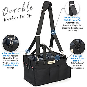 FifthStart Wearable Cleaning Caddy, A Cleaning Supplies Organizer With 4 Corner Shoulder Strap & Removable Waist Strap. Professional Cleaning Caddy Organizer With Handle: (Black, X-Large)