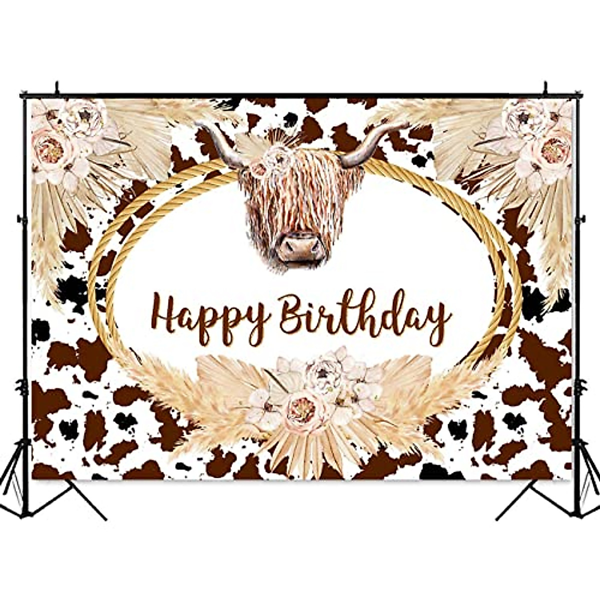Mocsicka Highland Cow Birthday Backdrop Boho Highland Cow Happy Birthday Party Decorations Holy Cow Birthday Decorations Girl Cake Table Banner Birthday Party Supplies (7x5ft (82x60 inch))