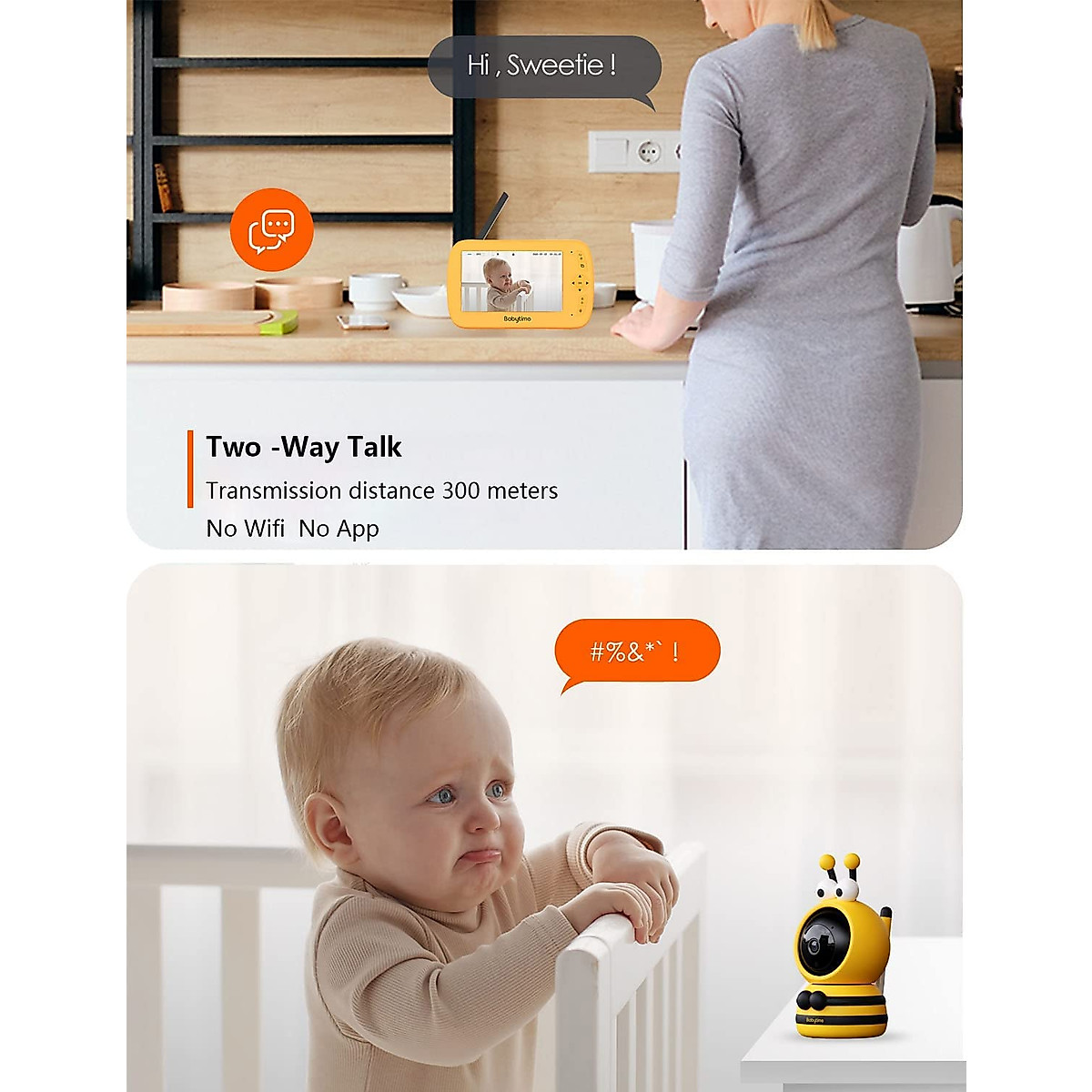 BabyTime Baby Monitor, 1080P Baby Camera Monitor No WiFi with 5" Display, Night Vision, Lullaby Player, Two Way Audio and VOX Mode, Temperature