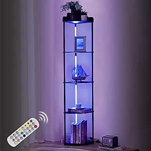 Olasme 5 Tier Corner Shelf with LED Light, 71" Tall Corner Bookshelf Floor Lamp with Shelves,Corner Display Shelf Corner Storage Rack for Collectibles Home Decor (Metal Frame)