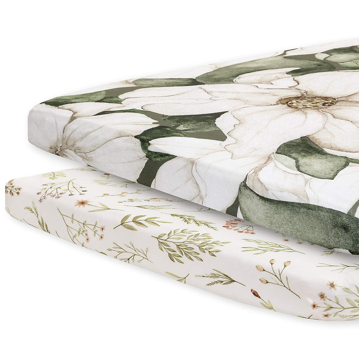 Pobibaby - 2 Pack Premium Pack N Play Sheets Fitted for Standard Pack and Plays and Mini Cribs - Ultra-Soft Cotton Blend, Stylish Floral Pattern, Safe and Snug for Baby (Zephyr)