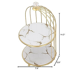 Syrisora Double Layer Storage Shelf Bird Cage Organizer Display Rack for Bathroom Countertop Dressing Table Gold Frame (White Base Gold Pattern)