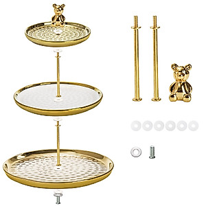 Tosnail Set of 2 Porcelain Cupcake Stand, Ceramic Dessert Stand Tiered Serving Trays, 3 Tiers and 2 Tiers Cake Stand Party Serving Trays, Fruit Pastry Holders for Wedding and Party - Gold Bear Rod