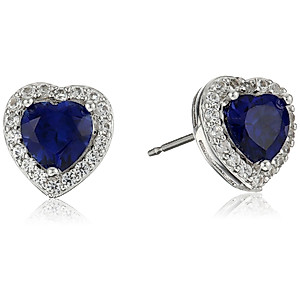 Amazon Essentials Sterling Silver Created Blue Sapphire and Created White Sapphire Halo Heart Stud Earrings, (previously Amazon Collection)