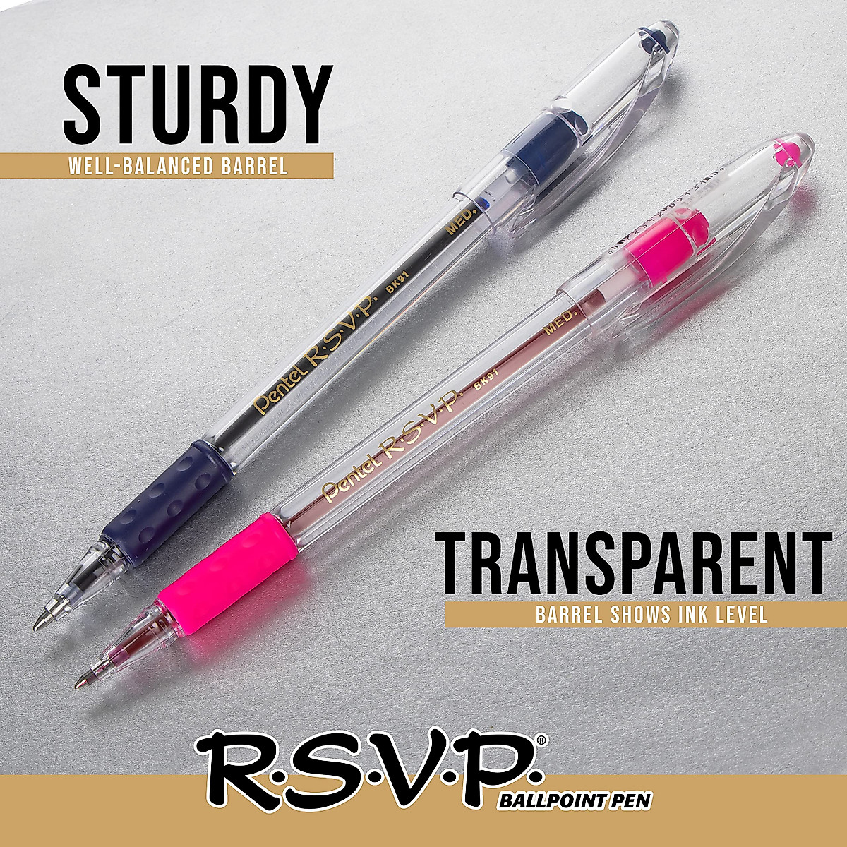 Pentel R.S.V.P. Ballpoint Pen, Medium Line, Black Ink, 5 Pack (BK91BP5A)