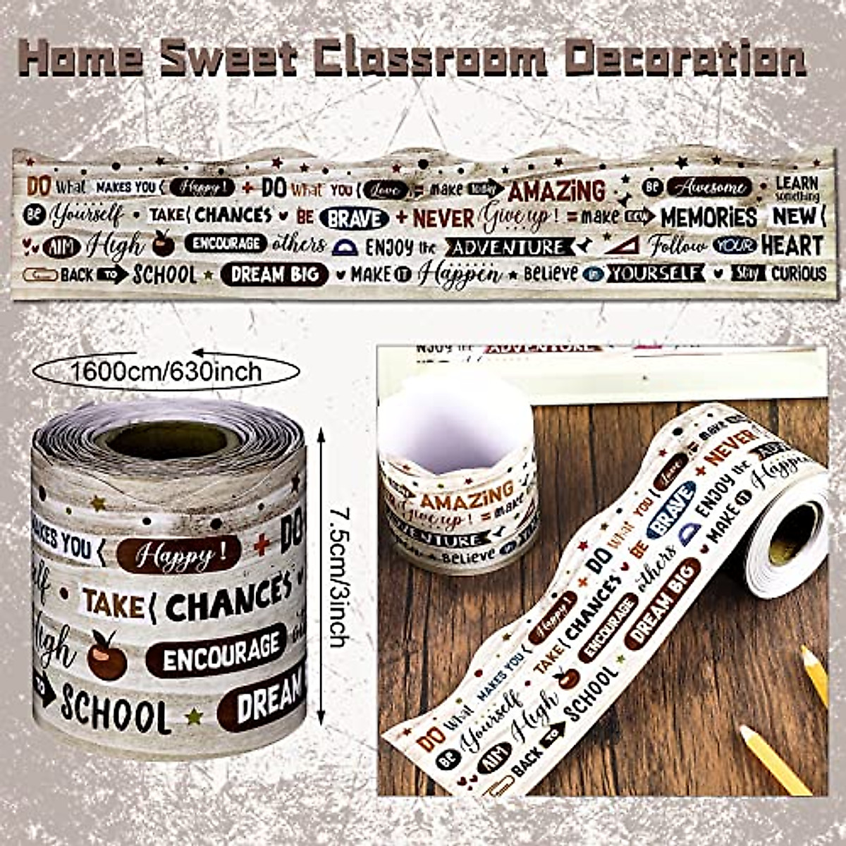 2.5 ft Motivational Classroom Bulletin Board Border Inspirational Quote Border Trim Greenery Scalloped Border Back to School Borders for Board Chalkboard (Rustic Style)
