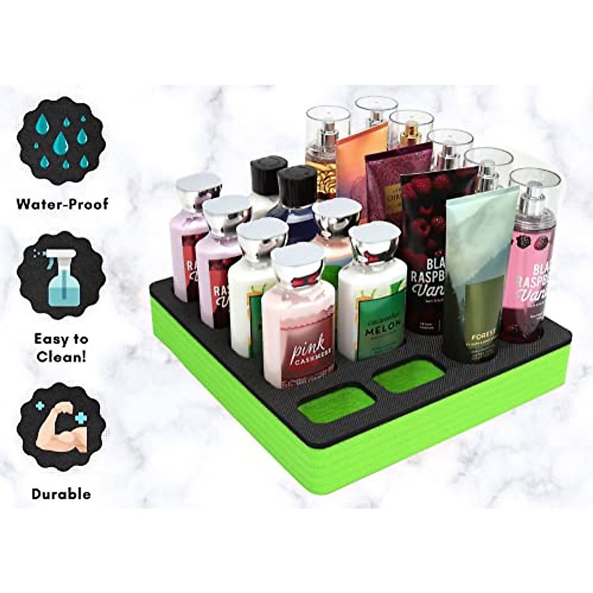 Polar Whale Lotion and Body Spray Stand Organizer Large Tray Green Black Durable Foam Washable Waterproof Insert for Home Bathroom Bedroom Office 12.3 x 11.75 x 2 Inches 20 Slots