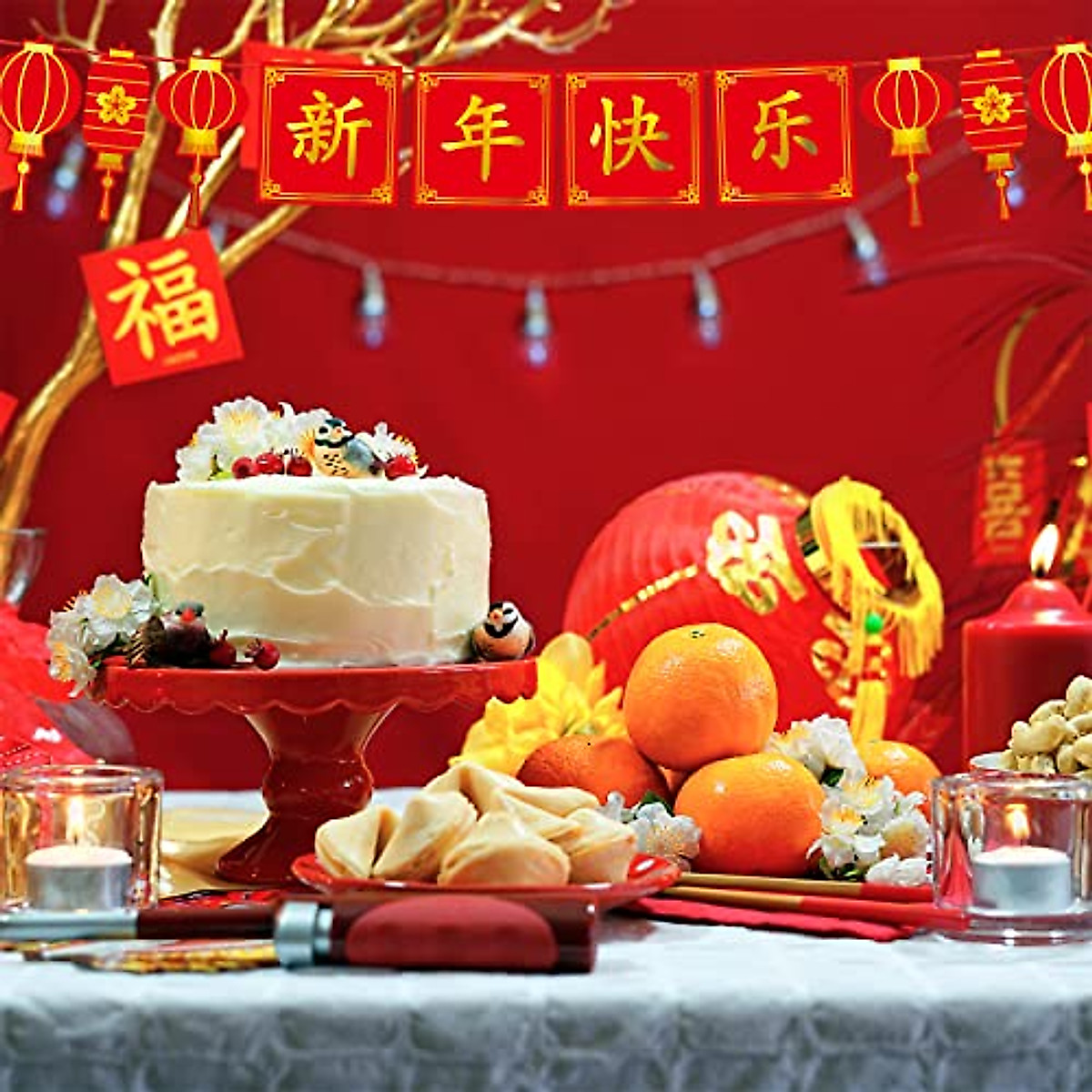 Winlyn 7 Set Chinese New Year Party Decorations Chinese Red Lanterns Lucky Garland Good Luck Garland Decorative Chinese Red Hanging Garlands for Asian Chinese Lunar New Year Spring Festival Décor
