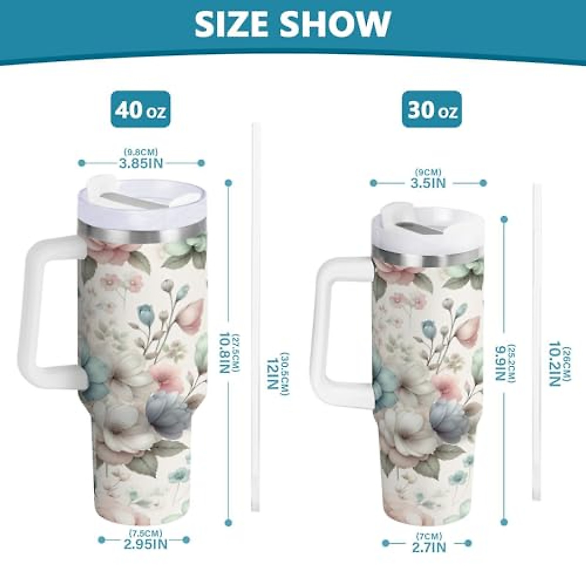 Jihqo Pure Flowers 40 oz Stainless Steel Vacuum Insulated Tumbler with Handle and Straw Lid, Leakproof Water Bottle Double Wall Travel Mug Coffee Cup, Cupholder Friendly