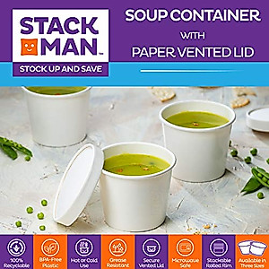 [12 oz. - 50 Sets] Paper Food Container with Lid, Insulated Paper Food Cup with Paper Vented Lid, Hot or Cold to Go Containers, Soup Container, Ice Cream Cup, Yogurt Cup, Eco-Friendly White Container