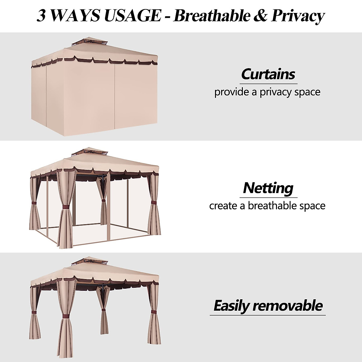 GARTOO 10'x13' Outdoor Patio Gazebo - Aluminum Frame Porch Gazebo with Polyester Roof & Zipper Curtains, Best for Garden, Lawn, Backyard Deck