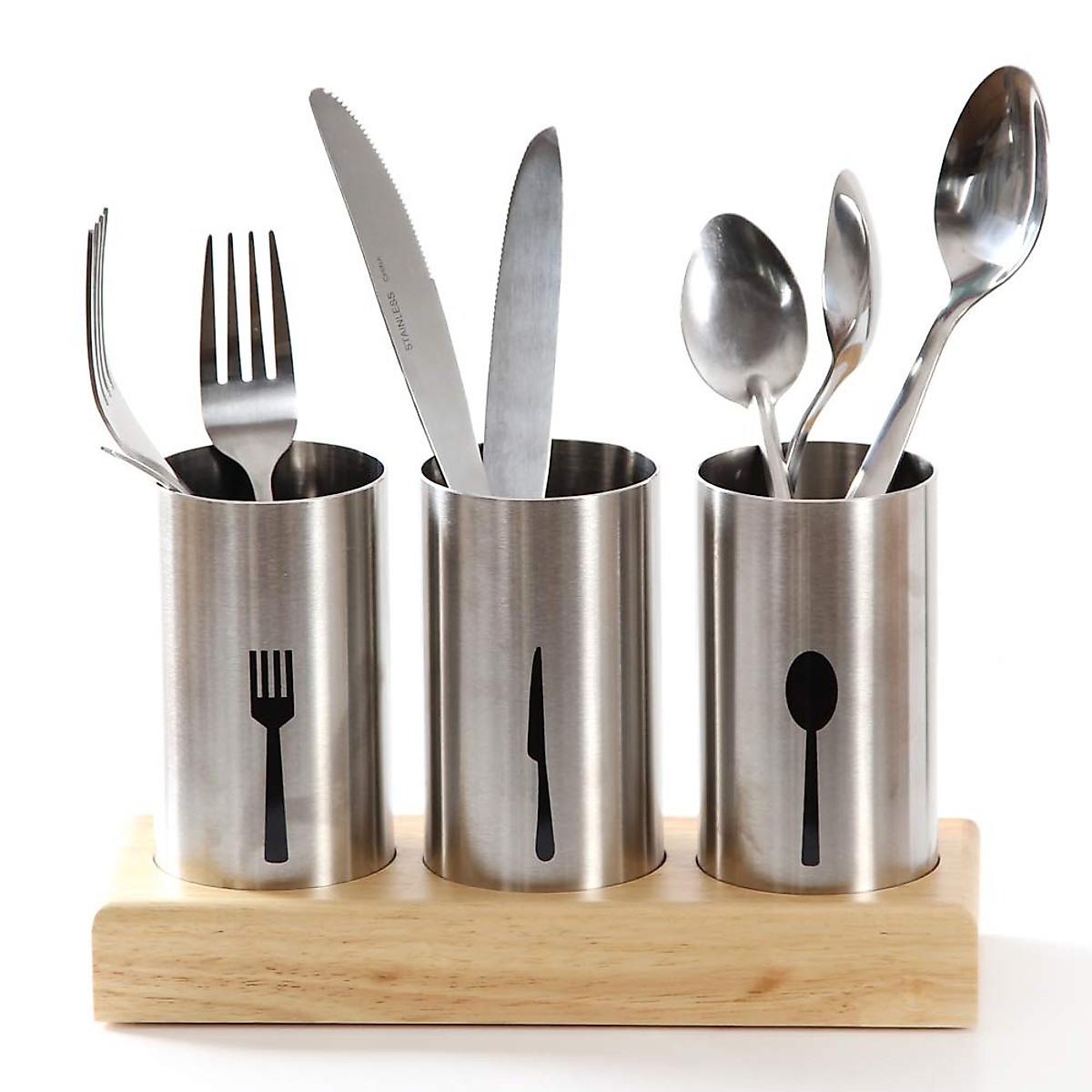 Aviddom Silverware Holder Stainless Steel Utensil Cutlery with Caddy and Bamboo Wood Base for Spoons Knives Forks Silverware Display Organizer Kitchen Dinner Table