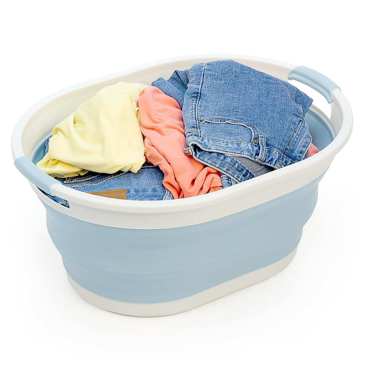 SAMMART 28L (7.4Gallons) Collapsible Plastic Laundry Basket - Oval Tub/Basket - Foldable Storage Container/Organizer - Portable Washing Tub - Space Saving Laundry Hamper (1, Grey/Sterling Blue)