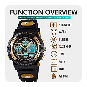 Kids Waterproof Watch Boys Girls with alarm, Digital Sports Waterproof Watch for Kids Birthday Presents Gold Gifts Age 5-16 Boys Girls Children Young Teen Outdoor Electronic Watches Alarm Stopwatch