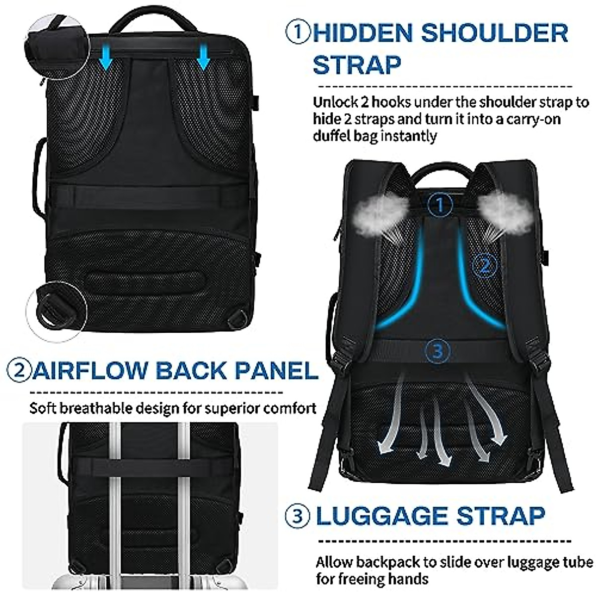 NUBILY Travel Backpack for Men Women 40L Carry on Backpack Airline Approved 17 Inch Laptop Backpack Waterproof Large Backpack Luggage Daypack Business College Weekender Overnight Backpack, Black