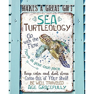 Sea Turtle Decor - Sea Turtleology - Durable Sea Turtle Gifts Metal Sign - Metal Sea Turtle Wall Decor - Sea Turtles Ocean Bathroom Decor - Great SeaTurtle Decorations for Home - Turtle Sign 8" x 12"