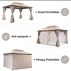 LAUSAINT HOME Outdoor Patio Gazebo 10'x13' with Expansion Bolts, Heavy Duty Gazebos Party Tent Shelter with Double Roofs, Mosquito Nets and Privacy Screens for Backyard, Garden, Lawn, Champagne Khaki