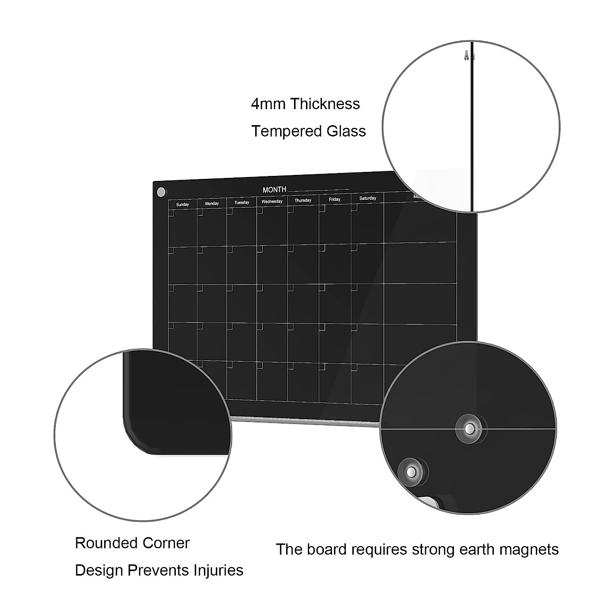 TOWON 47 x 35 Inch Glass Calendar Dry Erase Board for Wall, Magnetic Whiteboards Calendar, White Board Calendar Dry Erase for Wall, Monthly Planner Whiteboard Set, Black