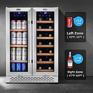 Wine Cooler Beverage Refrigerator 24 inch 18 Bottles & 57 Cans Beverage Fridge Dual Zone Wine Cooler Under Counter Lockable Freestanding with Glass Door for Drink Bar Kitchen Cabinet Commercial