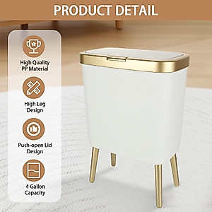 MUXHEL 1 Pcs Trash Can with Lid, White-Glod Trash Bin with Long Legs, PP Plastic Nordic Modern Waste Basket Dog Proof Trash Can for Indoor and Outdoor (4 Gallon)