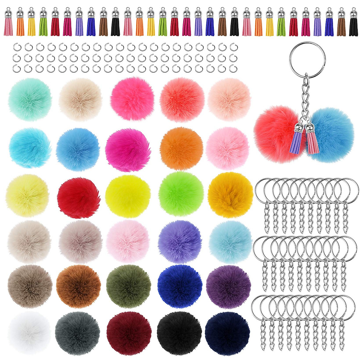 Tongcloud 150pcs Faux Fur Pom Poms Keychains Pom Poms Keychains with Tassels Keyrings