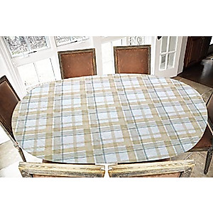 LAMINET Elastic Fitted Table Cover - Harvest Plaid (Beige) - Oblong/Oval - Fits Tables up to 48 x 68”