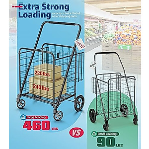 Shopping Cart，Jumbo 460 lbs Capacity Grocery Cart Heavy Duty Utility Cart w/Upgraded 360° Rolling Swivel Wheels & Double Basket Folding Shopping Cart for Transport Groceries, Luggage, Laundry, Condo