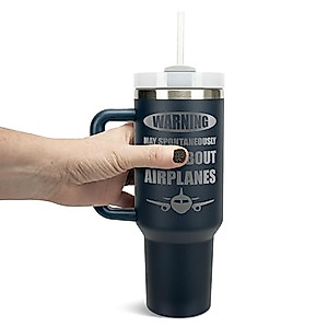 Elanze Designs Warning May Talk About Airplanes Pilot 40 oz. Stainless Steel, Large Water Bottle Coffee Mug, Spill & Leak Resistant, Thermal Travel Tumbler with Handle, Lid & Straw, Navy Blue