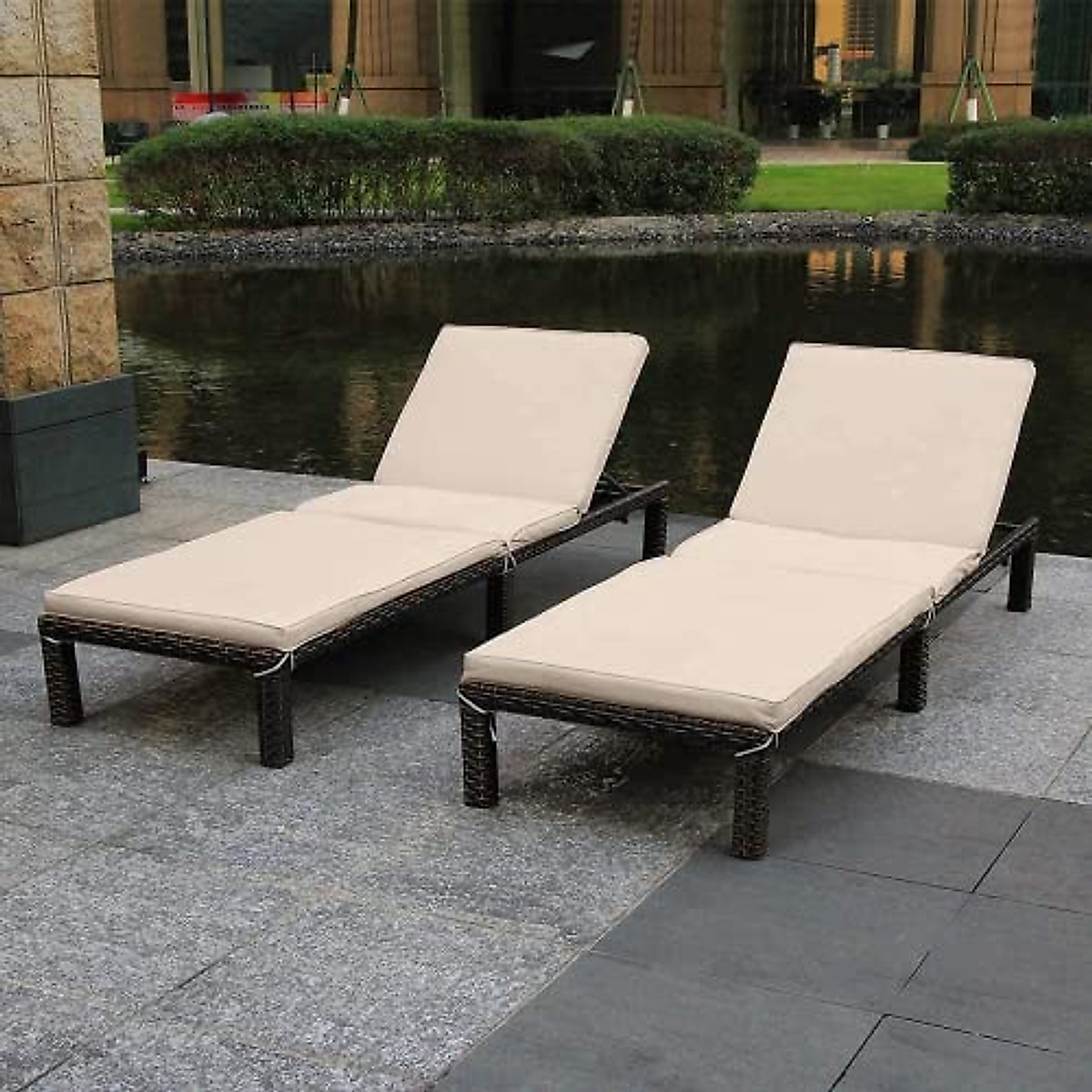 Grepatio Outdoor Chaise Lounge Chairs Set of 2, Patio Wicker Lounge Chair for Outside Pool, Adjustable Rattan Daybed with Cushions, Patio Seating Pool Furniture Beach Lounge Chairs (2 Pcs)