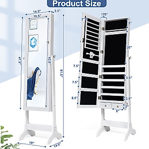 COSTWAY Standing Jewelry Armoire Cabinet, 4-Angle Tilting Jewelry Organizer with Full-length Mirror and Large Storage Capacity, Lockable Jewelry Cabinet for Bedroom, Dressing Room (White)