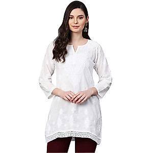 Ada Indian Hand Embroidered Chikankari White Cotton Top Tunic Kurti Shirt for Women A208704 (X-Small)
