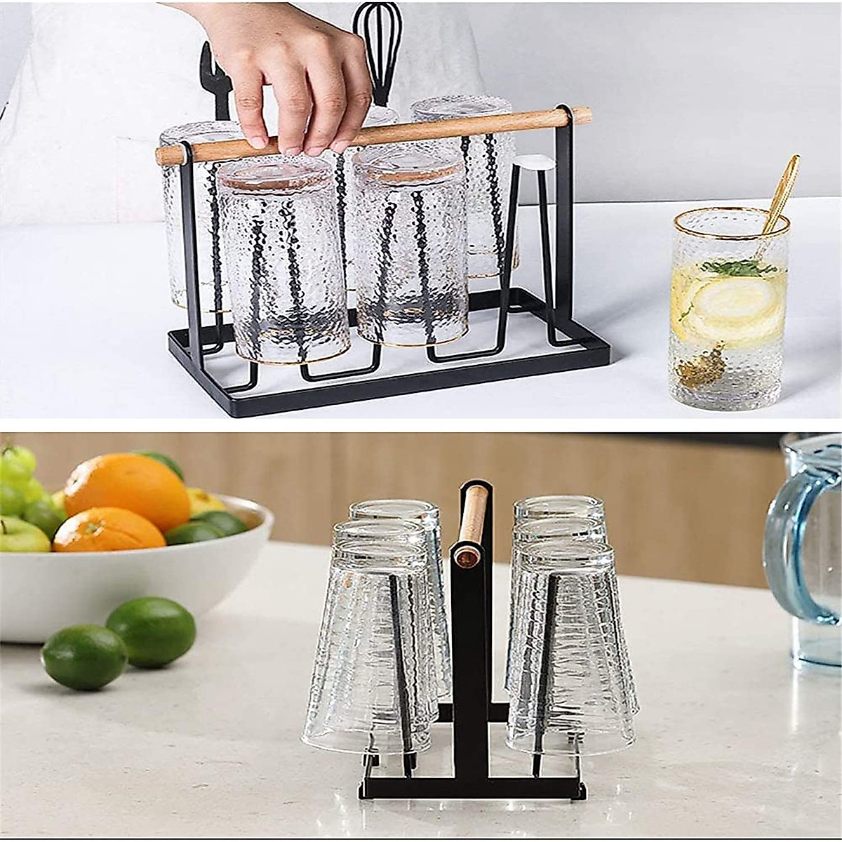 PENGQIMM 6 Cups Mug Glass Stand Holder Metal,Cup Drying Rack Stand with Drain Tray,Cup Hanging Drainer Upside-Down,Metal Bottle Drying Organizer with Handle Cup Drying Holder Stand,Bottle Drying Rack