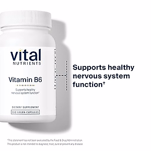 Vital Nutrients Vitamin B6 | Vegan Methylated B6 Vitamins for Nervous System, Muscle, Bone Health* | High-Potency Vitamin B6 for Menstrual Discomfort * | Gluten, Dairy, Soy Free | 100 Capsules