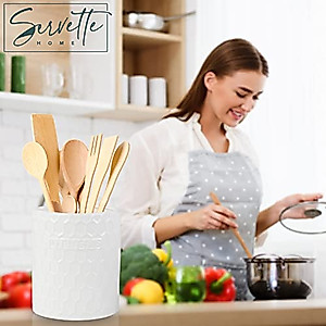 Servette Home Ceramic Utensil Holder for Kitchen Counter – Hexagon Patterened Utensil Crock