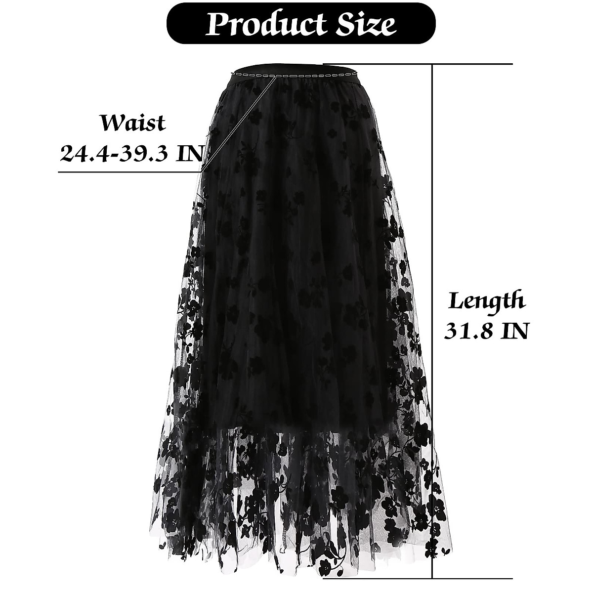 Women's A Line Tulle Midi Skirt Tutu Tiered Petticoat Skirts Tea-Length Elastic Waist Tutu Skirts (Flower Black 3 Layer)