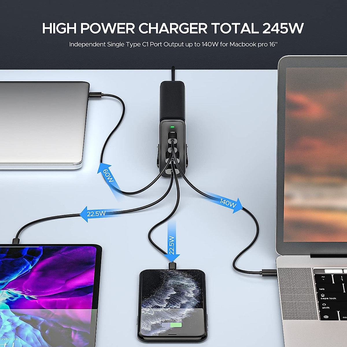 245W GaN USB C Charger, 140W 100W PD 3.1 Charger for MacBook Pro 16-inch, 4-Port Laptop/Tablet Fast Charging Adapter for MacBook Pro/Air, Dell XPS, iPad Pro/Air, iPhone 15/14/13 Series, etc.