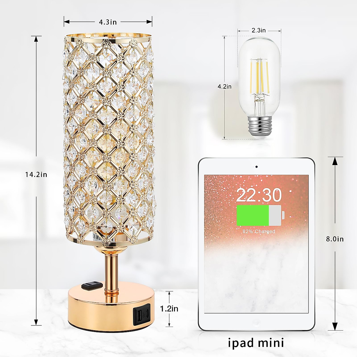 Hong-in Crystal Table Lamp, Gold Lamp for Bedroom with USBC-A+ AC Charging Ports, 3 Way Dimmable Light with Crystal Lampshade, Bedside Lamp Touch Light for Girl Room, Charge Phone (Bulb Included)