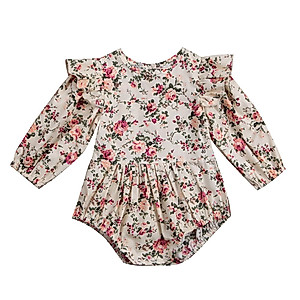 Infant Baby Girl Twins Long Sleeve Ruffles Romper Bodysuit Outfit Clothes (0-6 Months, Floral)